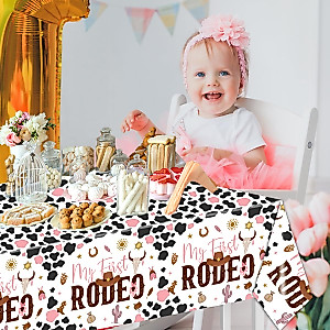 3Pcs My First Rodeo Tablecloths-Cowgirl Baby Shower Decorations Pink Cow Print Western Disposable Rectangular Plastic Table Covers First Rodeo Birthday Party Supplies Girl