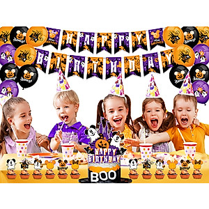Halloween Birthday Party Supplies,Halloween Decorations Set Include Banner, Balloons, Cake Toppers and Cupcake Toppers for Boys and Girls Birthday Party