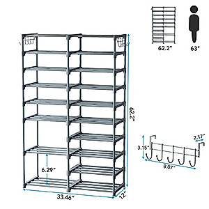 Tribesigns Shoe Rack Organizer, 36-44 Pairs Shoe Storage Shelf, 10 Tiers Shoe Stand, Shoe Rack for Closet, Boot Organizer with 2 Hooks, Stackable Shoe Tower