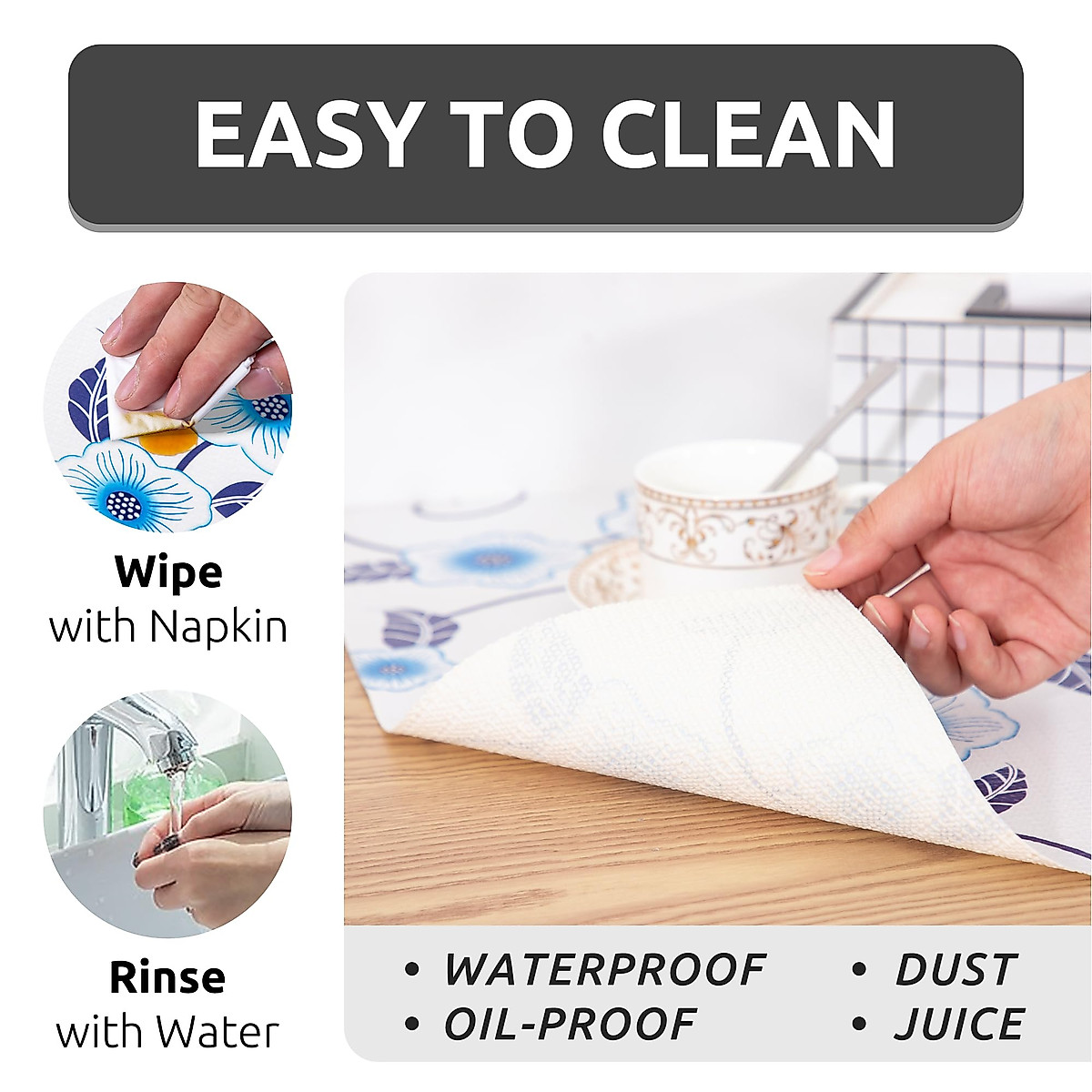 RAY STAR 18X96 Inch Shelf Liner for Kitchen Cabinets, Non-Adhesive Cabinet Liner Washable, PVC Drawer Liner for Dresser Non-Slip Bathroom (Blue Floral)(1 Roll)