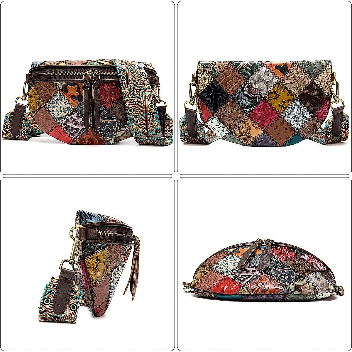 Womens Multicolor Small Crossbody Purse Genuine Leather Block Patchwork Shoulder Bag Boho
