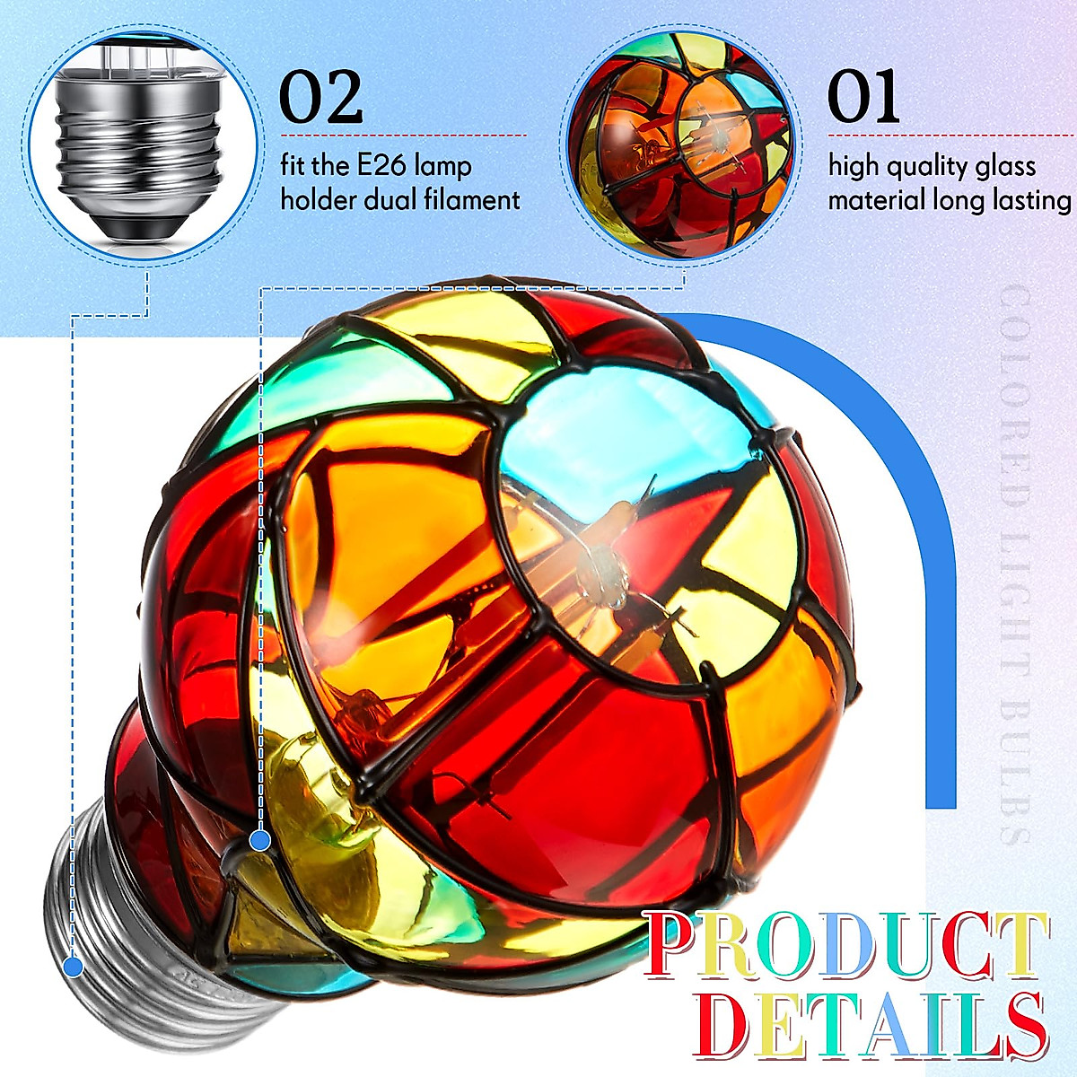 Baquler 2 Pcs Stained Glass LED Light Bulb E26 Base Colorful Lightbulb 120V Flickering Lightbulb Bulbs for Christmas Xmas Home Balcony Garden Party Decoration (A60)