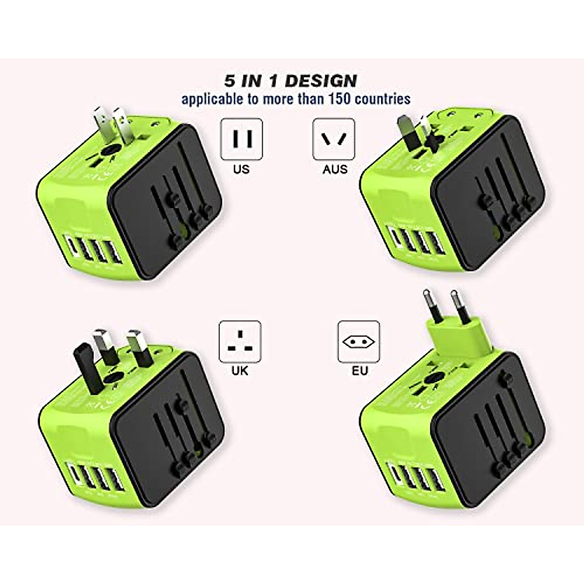 RXSQUL Universal International Power Travel Plug Adapter, 5 in 1 European Adapter W/ 2.4A 3xUSB-A 3.0A 1xUSB C Wall Charger and Worldwide AC Outlet for Europe USA UK AUS Asia-Green