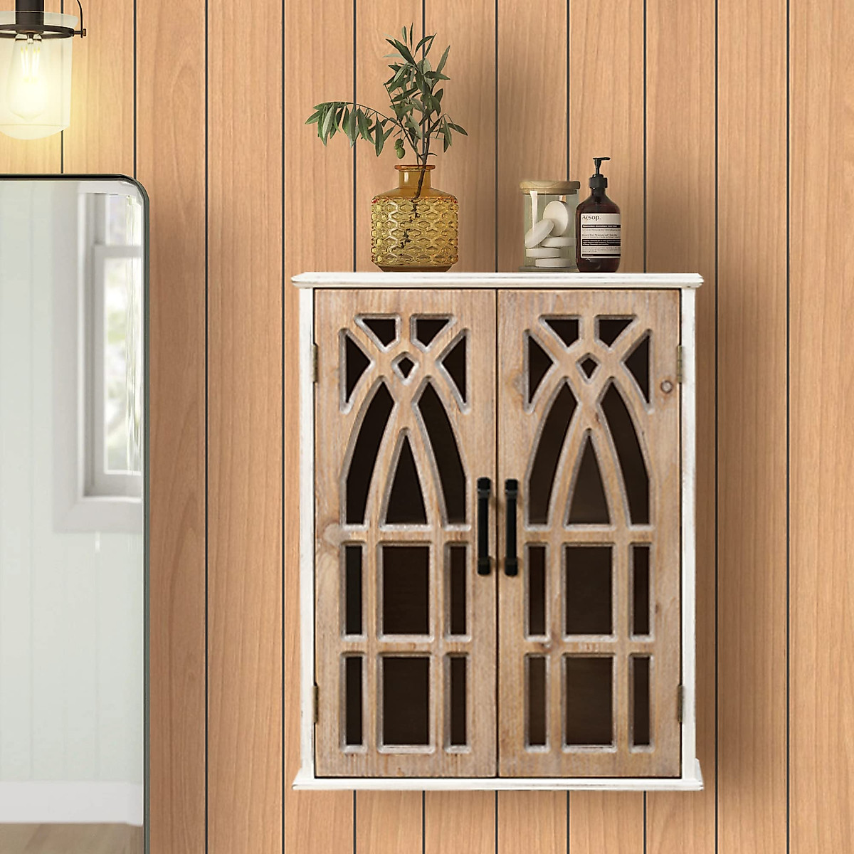 LuxenHome Farmhouse Wall Cabinet with 2 Door, 20" Floating Storage Cabinet with Shelves for Kitchen, Bathroom, Home Office,Utility Room Disdressed White Wood Wall-Mounted Storage for Small Spaces