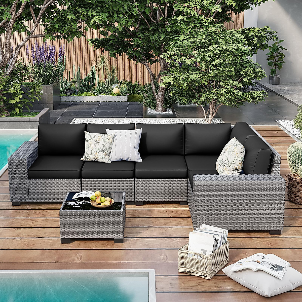 Poteban Outdoor Patio Furniture Set, 8'' Wide armrest Outdoor Sectional Rattan Sofa Set, Wicker Patio Furniture Sets w/Coffee Table,Thick Cushions and Cover for Porch, Balcony,Deck 6 PCS(Grey&Black)