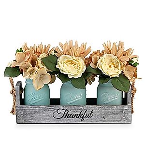 GBtroo Mason Jar Dining Table Centerpieces - Coffee Table Decor with 3 Mason Jars and Flowers - Farmhouse Home Decor Rustic Living Room and Kitchen Decoration Center Piece Farmhouse Centerpieces For Dining Room Table