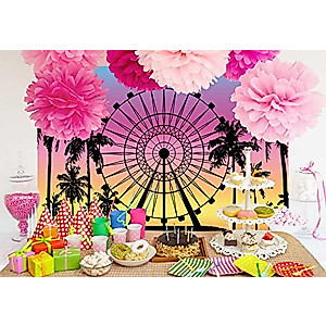 Funnytree 7x5FT Summer Seaside Ferris Wheel Photography Backdrop Palm Tree Sunset Background Baby Shower Tropical Wedding Party Decoration Banner Supplies Photobooth Prop