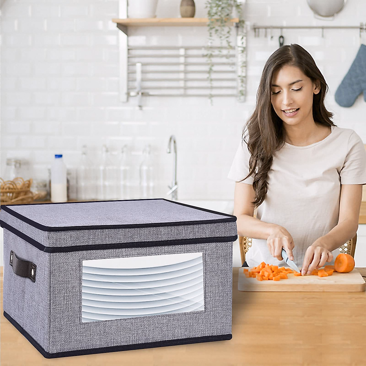 YheenLf 3 Sets China Storage Containers With Lid and Handles, Dinnerware Storage Box for Dishes Plate Storage Containers with 30 Felt Dividers, Hold 30 Plates, 12 x 12 x 8 inches, Grey