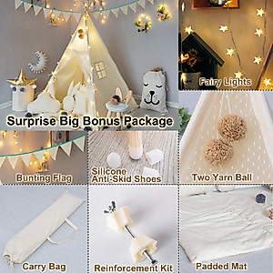 TreeBud Kids Teepee Tent with Padded Mat, Banner, Fairy Lights, Yarn Ball, Carry Bag, Beige Cotton Canvas Play Tent for Child with Tassels Lace, Play House Tipi for Kids Room Decor