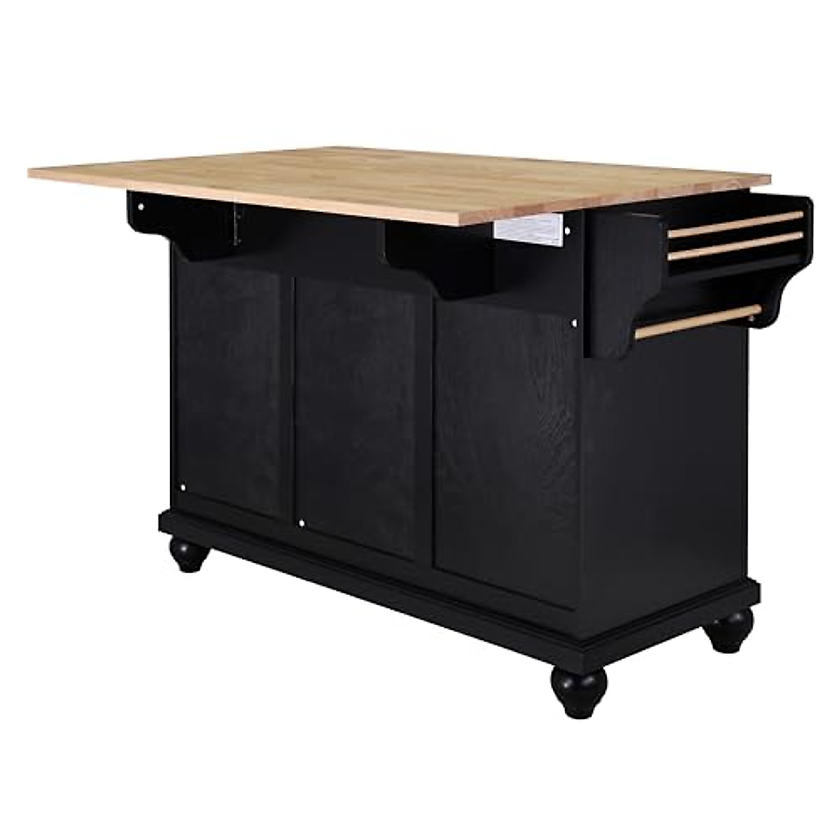 Rolling Kitchen Island Cart with 5 Universal Wheels and 5 Solid Wood Cabinet Feet,Greenguard Gold Certified,Kitchen Island with Rubberwood Drop Leaf-Mobile Kitchen Island with Storage and Drawer,Black