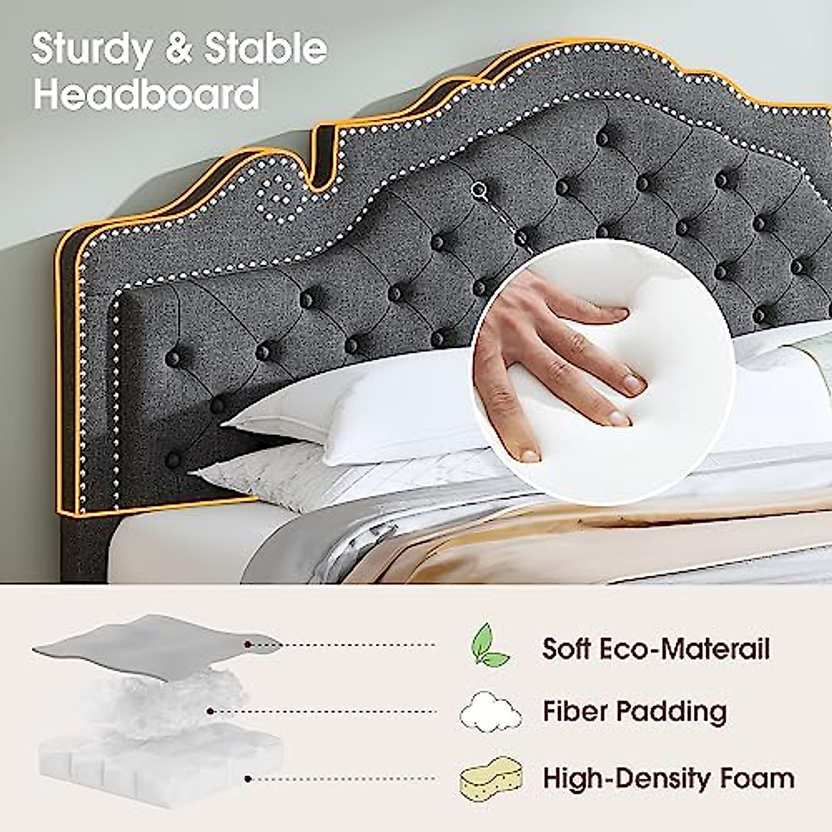 WEEWAY King Bed Frame with Tiara Curved Headboard and High Resilience, Linen Fabric Upholstered Diamond Button Tufted Platform Bed with Wood Slats/No Box Spring Needed/Easy Assembly/Dark Grey