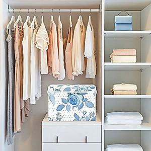 Kigai Storage Basket Blue Rose Storage Boxes with Lids and Handle, Large Storage Cube Bin Collapsible for Shelves Closet Bedroom Living Room, 16.5x12.6x11.8 In