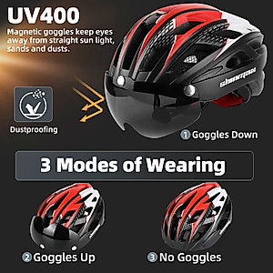 Shinmax Bike Helmet, CPSC/CPC Certificated Bicycle Helmet with Detachable Magnetic Goggles&Led Back Light&Portable Backpack Cycling Helmet Adjustable Mountain Bike Helmet for Adult Men Women SM-T69