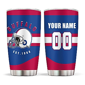 Custom Buffalo Tumbler 20oz Stainless Steel with Lid & Straw Personalized Football Fans Gifts for Women Men Coffee Travel Insulated Mug Cup Add Name Number