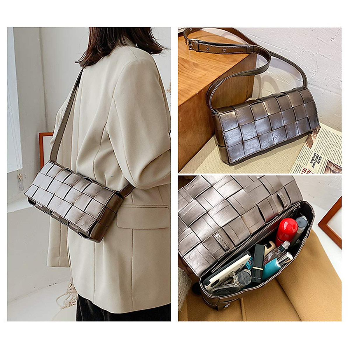 Santwo Women Leather Adjustable Strap Shoulder Bag Mini Small Weave Crossbody Handbag (Grey)
