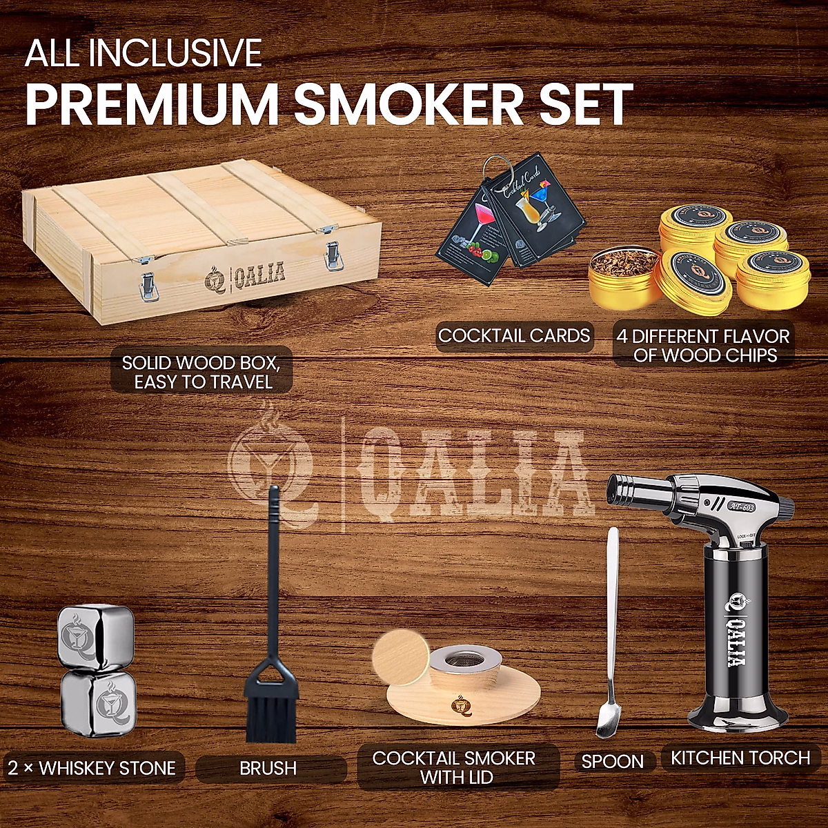 QALIA Cocktail Smoker Kit with Torch & Wood Chip - Six Kinds of Wood Chips for Cocktails Bourbon, Wine, Meats & Food - Fashionable Whiskey Smoker for Friend, Dad, & Whiskey Lover (No Butane)
