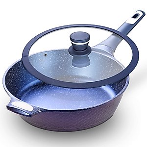 11" Nonstick Frying Pan with Lid - 11 Inch Nonstick Skillets with USA Blue Gradient Granite Derived Coating, Heat-resisted Silicon Handle, PFOA &PFOS Free, Induction Compatible, Ideal Christmas Gift