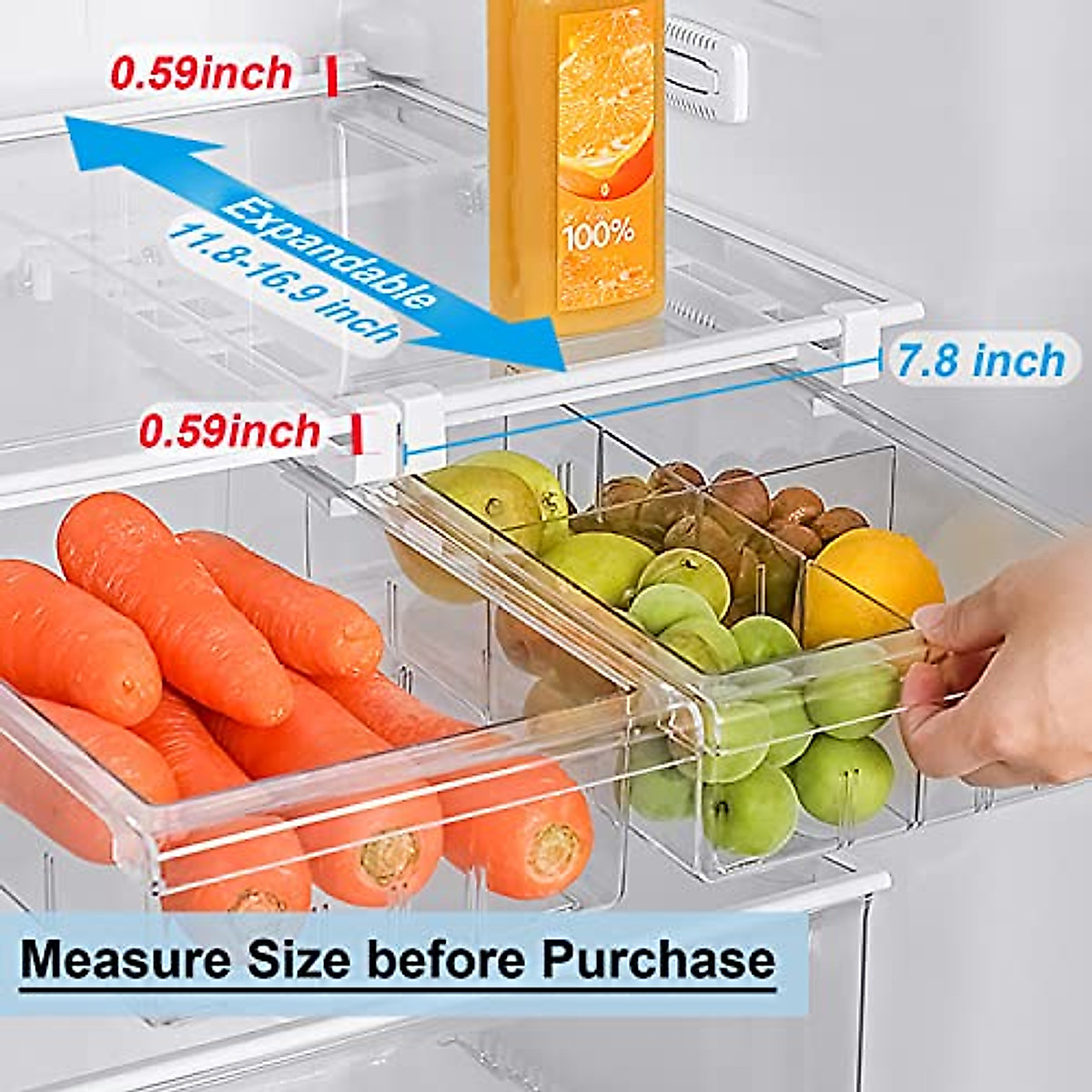 Yatmung Fridge Drawer organizer and storage clear box (with Removable Dividers), Adjustable fridge storage containers for Egg/Fruit/Vegetable/cheese, refrigerator organizer bins pull out drawer, 2-Pack