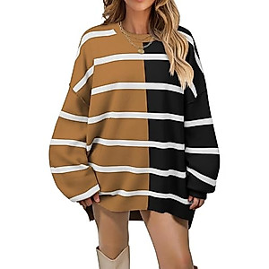 MEROKEETY Women's Fall Striped Oversized Pullover Sweaters 2024 Long Sleeve Color Block Casual Knit Tops, Brown, Large