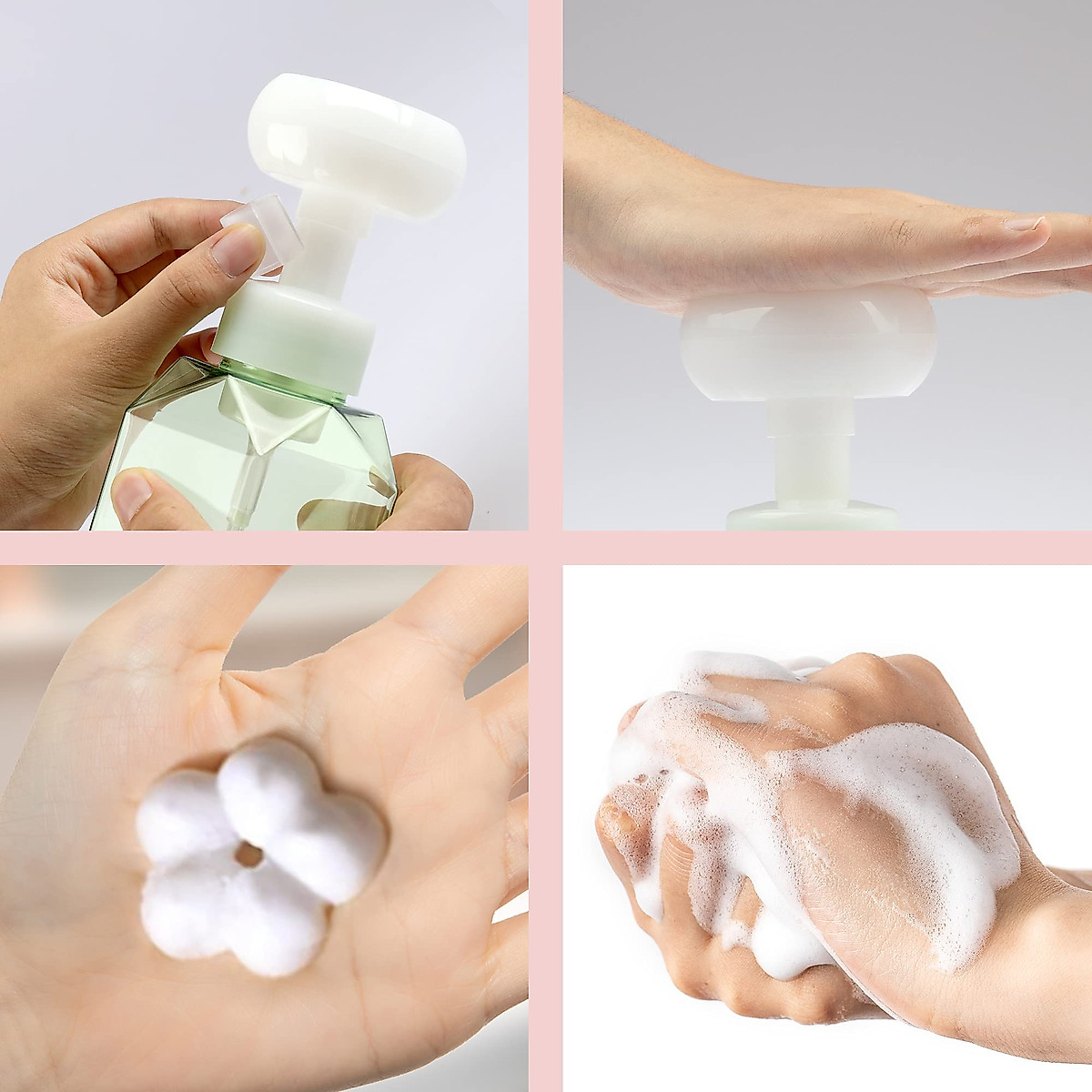 RONRONS 2 Pieces 300ml Flower Shape Foam Bottle Dispenser Empty Foaming Hand Soap Pump Bottles Plastic Refillable Cosmetic Containers Facial Cleanser Shampoo Shower Tube Packaging Holder, 10.14oz