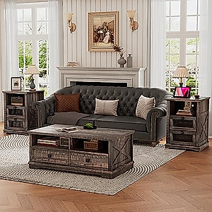 LDTTCUK Nightstand with Charging Station, End Table with 2 Drawers & Open Storage,Sofa Side Table with Mesh Drawers, Farmhouse Design Bedside Table for Living Room, Bedroom, Dark Rustic Oak