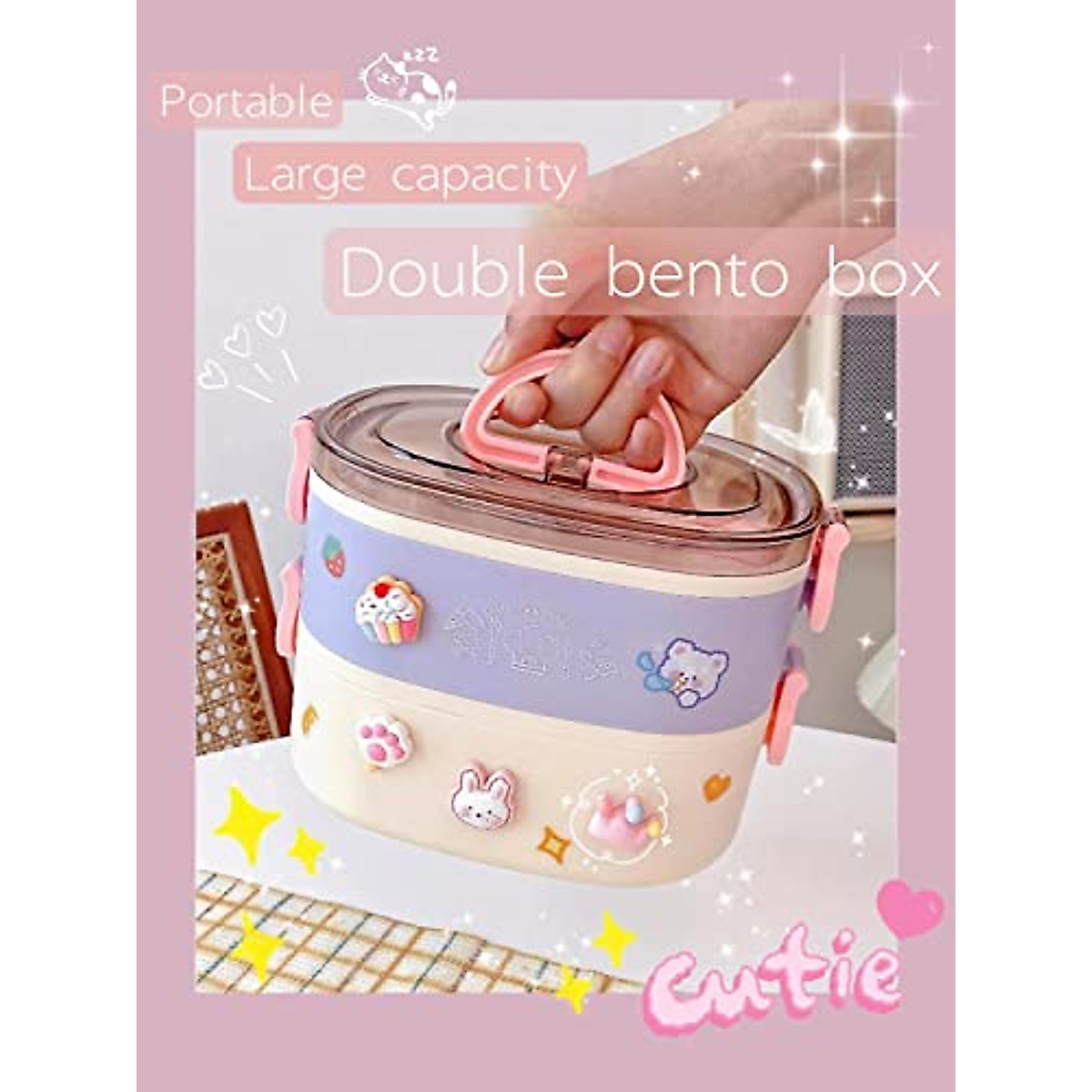 Paidideng Kawaii Bento Box Bento Lunch Box with Lunch Bag,Tableware,Biscuit bags,2 Layers Stacked Leakproof Cute Lunch Box,for Travel,Office,Gym. (purple)
