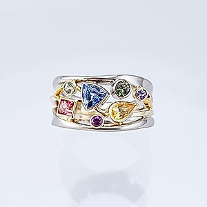 925 Sterling Silver Multicolor Multi Row Ladies Sparkling Diamond Rainbow Gemstone Ladies Ring Wave Eternity Engagement Wedding Promise Ring Anniversary Cocktail Ring Sizes 6-10 584 (10)
