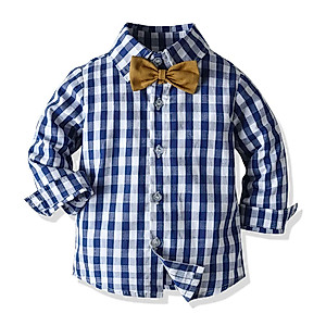 Moyikiss Studio Toddler Dress Suit Baby Boys Gentleman Clothes Sets Bow Ties Shirts + Suspenders Pants Outfits(Navy blue,100/3T)