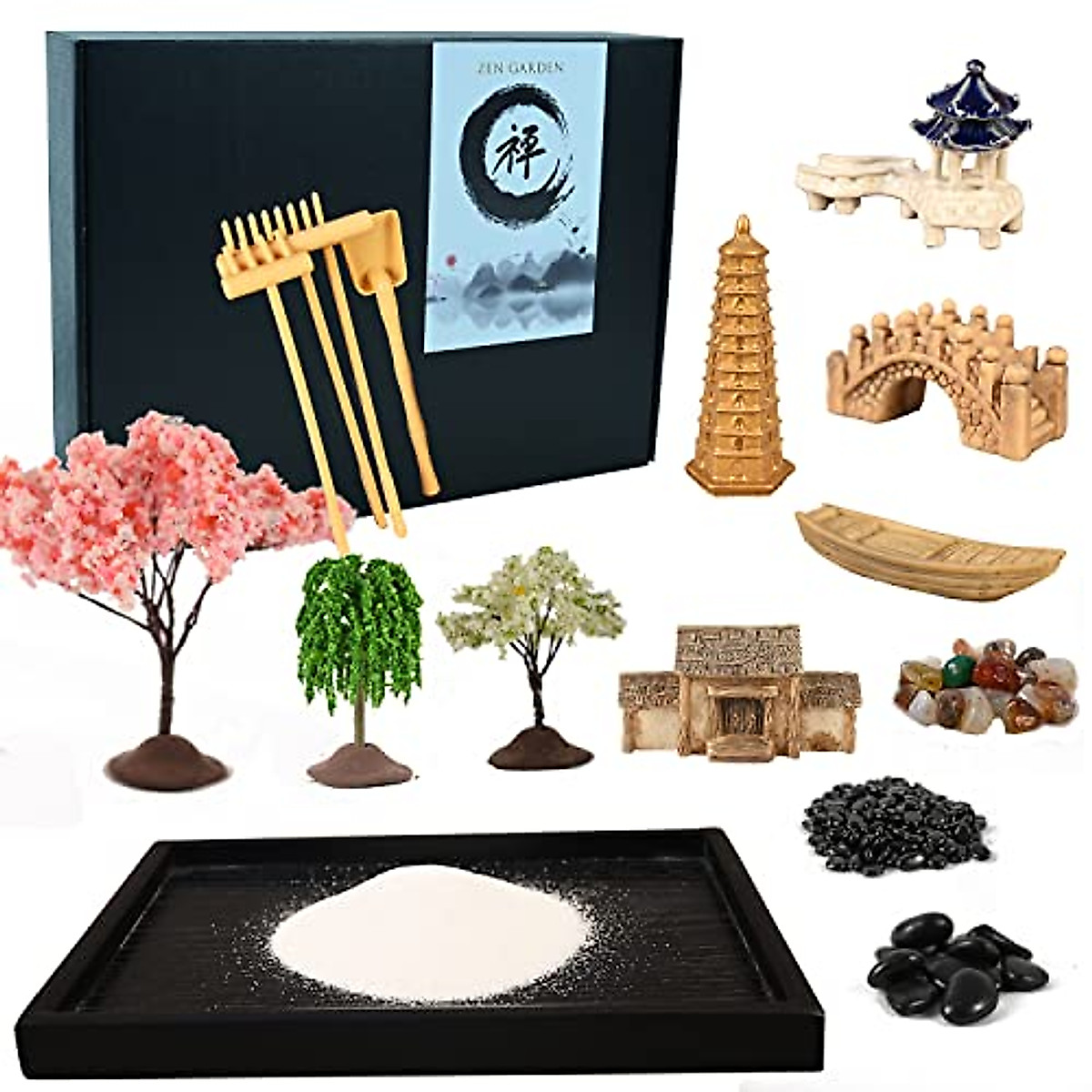 Yoquare Mini Zen Garden Kit - 10" x 7" Upgraded Zen Garden for Desk with 18 Accessories Sand Garden Decoration Included Sand Tray,Zen Garden Rake,Trees,Pagoda,Bridge,Pavilion,Boat Zen Gifts Women