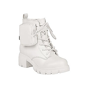 Kassie Daniela ~ Pouch ~ Kids Lug Sole Mid Shaft Chunky Heel Fashion Combat Lace up Bootie W/Side Zipper & Pouch Girl Boots (WHITE, 1)
