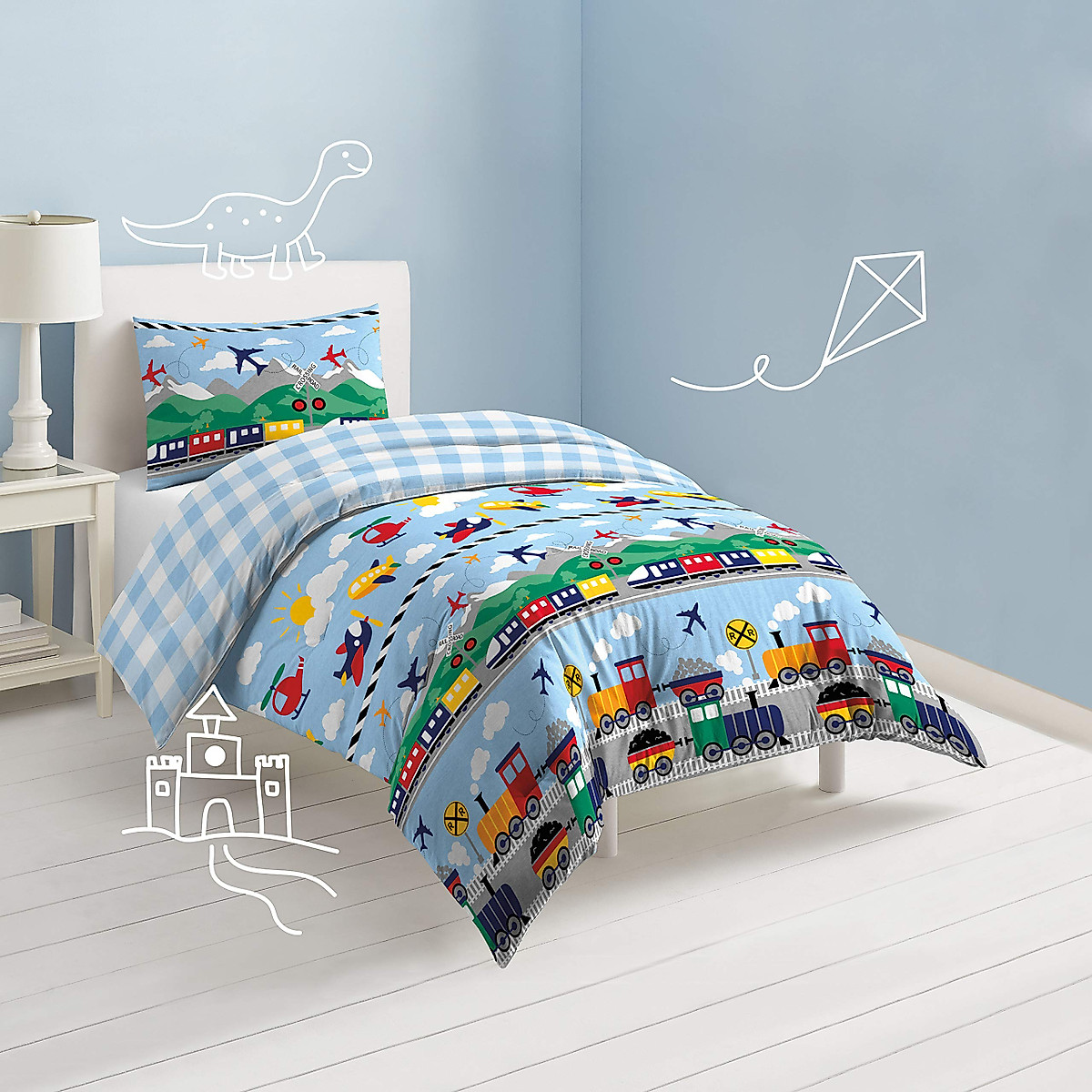 Dream Factory Kids 2-Piece Easy-Wash Super Soft Cotton Comforter and Pillow Sham Set, Twin, Blue Trains and Planes