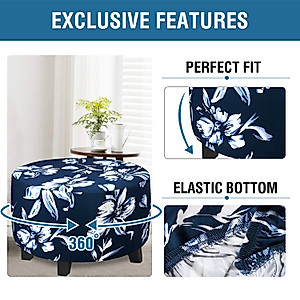 H.VERSAILTEX Super Stretch Ottoman Covers Slipcover Round Ottoman Slipcover Folding Storage Stool Furniture Protector Feature Soft Thick Bouncy Modern Style with Elastic Bottom(Ottoman X-Large, Navy)