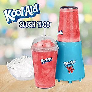 Nostalgia Kool-Aid Slush ‘N Go Personal Blender for Smoothies, Slushies, Shakes, and Fruit Blends, Includes Two 15 Oz Travel Bottles, Cup Lid, and Reusable Straw, Blue