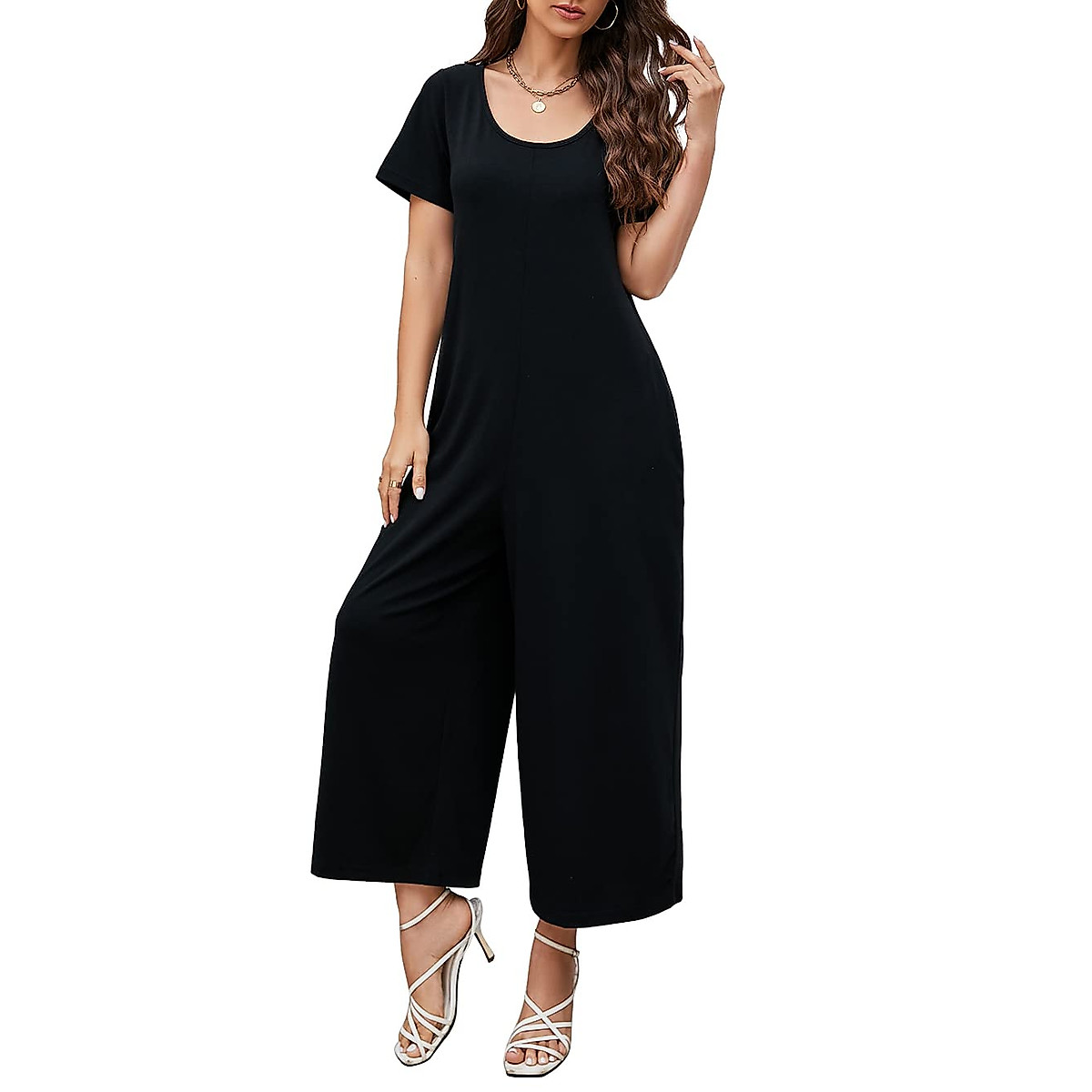 Qnasey Women's Summer Short Sleeve Loose Crewneck Jumpsuit Rompers Wide Long Pant Loungewear with Pockets Samll Black