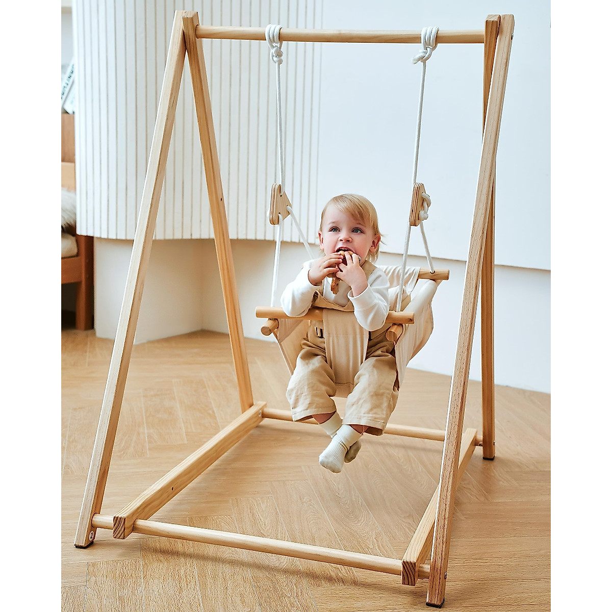 Avenlur Spruce Baby and Toddler Foldable Swing Set with Stand - Premium Montessori, Waldorf Style Self-Standing Indoor Swingset for Children 6m to 3 Yrs - Perfect for Home, Child Day Care, & Preschool