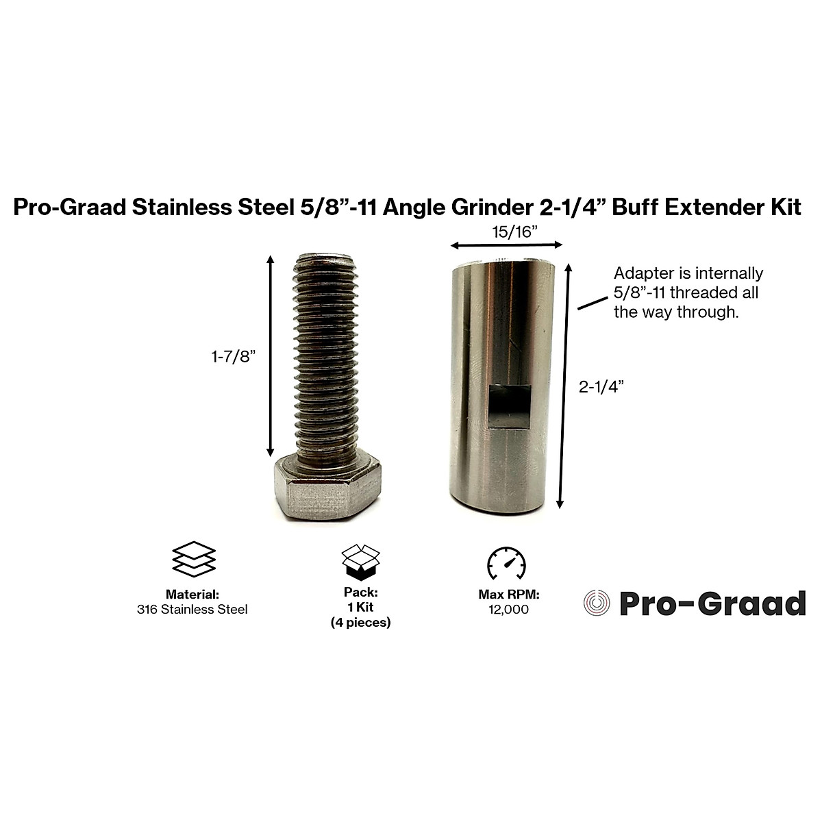 Pro-Graad Stainless Steel 5/8”-11 Angle Grinder Buff Extender Kit, Airway Buffing Polishing Wheel 2-1/4” Extension Shaft, Threaded Arbor Extension Adapter, for Angle Grinders