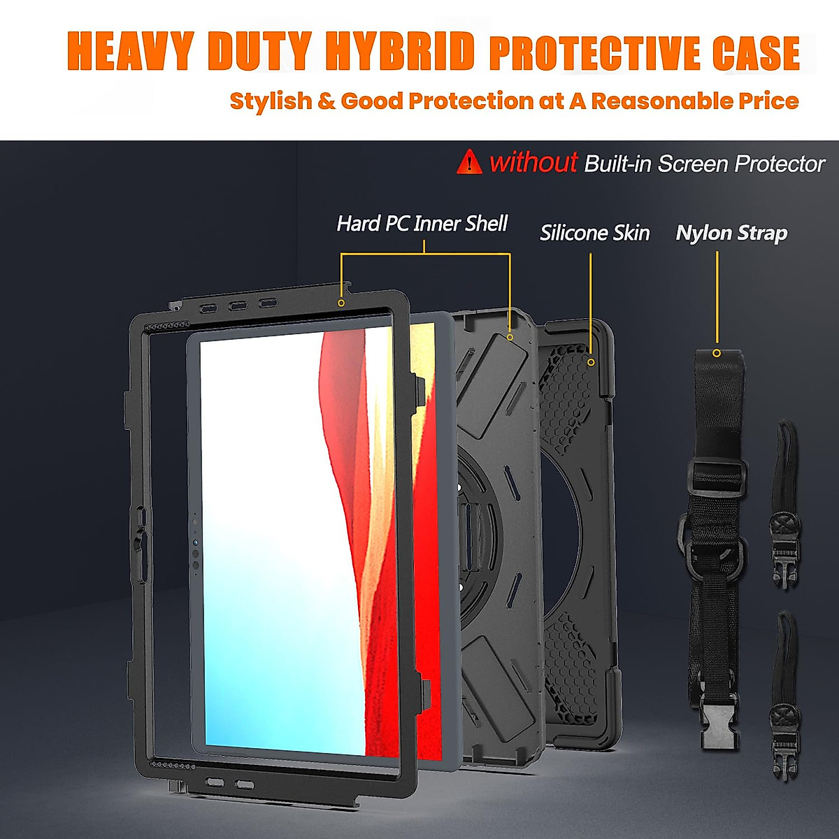 Surface Pro X Case - 360 Degree Rotating Stand Hand Strap Shoulder Strap Pen Holder Heavy Duty Full Body Shockproof Impact Resistant Rugged Drop Protective Case for Surface Pro X 13 2021/2020/2019