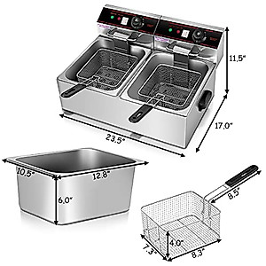 Giantex 3400W Commercial Deep Fryer Dual Tank, 12.8QT Stainless Steel Electric Deep Fryer with 2 Baskets, Lids and Temperature Control for French Fries Turkey Chicken Restaurant Home Kitchen