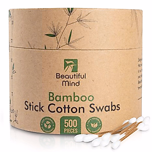 Beautiful Mind Bamboo Cotton Swabs for Ears – 500 Pack – Carbonized Bamboo Ear Swabs for Durability with Long Qtips – Eco-Friendly, Biodegradable & Vegan – 100% Organic Cotton Swabs for Makeup