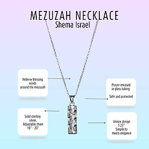 Alef Bet by Paula Mezuzah Shema Israel Hebrew Prayer Necklace Sterling Silver Men and Women on Adjustable Chain with Prayer Inside For Bar Mitzvah, Birthday Presents and Holiday Gifts