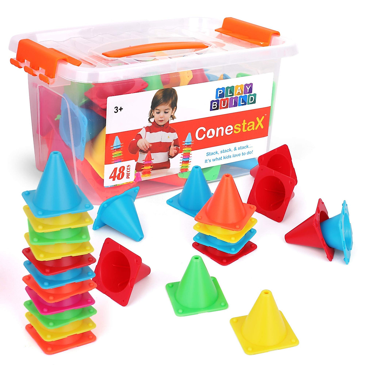 Play Build ConestaX Stacking Game - 48 Pcs Cones Balancing Stacking Toy - Fun STEM/STEAM Activity Games for Toddler - Educational Cone Stack Toys with Plastic Storage Container