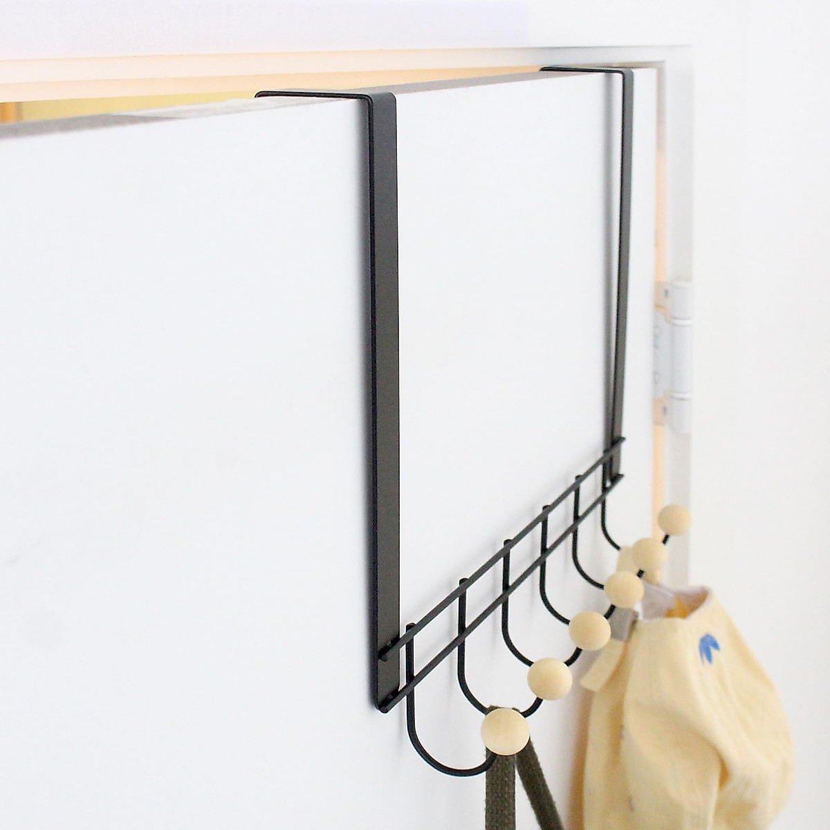 GOODSDECO Over The Door Hooks - 6 Hooks, Heavy Duty Over The Door Coat Towel Hat Scarf Rack Hanger, Wooden Door Hooks, Behind Back of Door (Black)