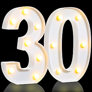 Treela 8.7'' Birthday Decorative LED Light up Numbers, Glitter Marquee Number Sign for Night Birthday Party Decorations Anniversary Bar LED Sign Backdrop Wall Table Centerpieces(30th,White)