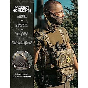 BOMTURN Chest Rig Tactical Airsoft Chest Rig 1000D Molle Micro Chest Rigs Adjustable Detachable Modular Vest with Mag Pouch