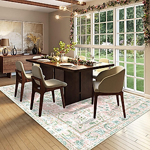 Vhong Boho Area Rugs Vintage Washable Neutral Modern Dusty Pink and Green 5x7 Non Slip Carpet for Nursery Living Room Dining Room Bedroom Farmhouse Girls'Room