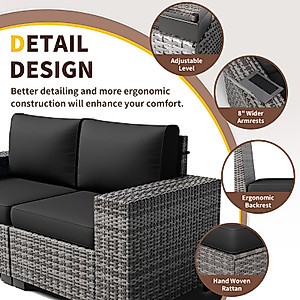 Poteban Outdoor Patio Furniture Set, 8'' Wide armrest Outdoor Sectional Rattan Sofa Set, Wicker Patio Furniture Sets w/Coffee Table,Thick Cushions and Cover for Porch, Balcony,Deck 6 PCS(Grey&Black)