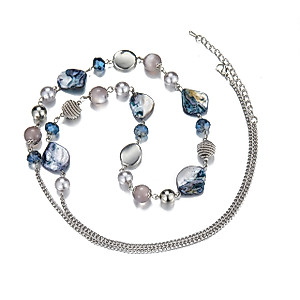 FULU AUTUMN Long Beaded Necklaces for Women Silver Link Chain Necklace with Shell Crystal Beads, Party Gifts for Her(Blue)