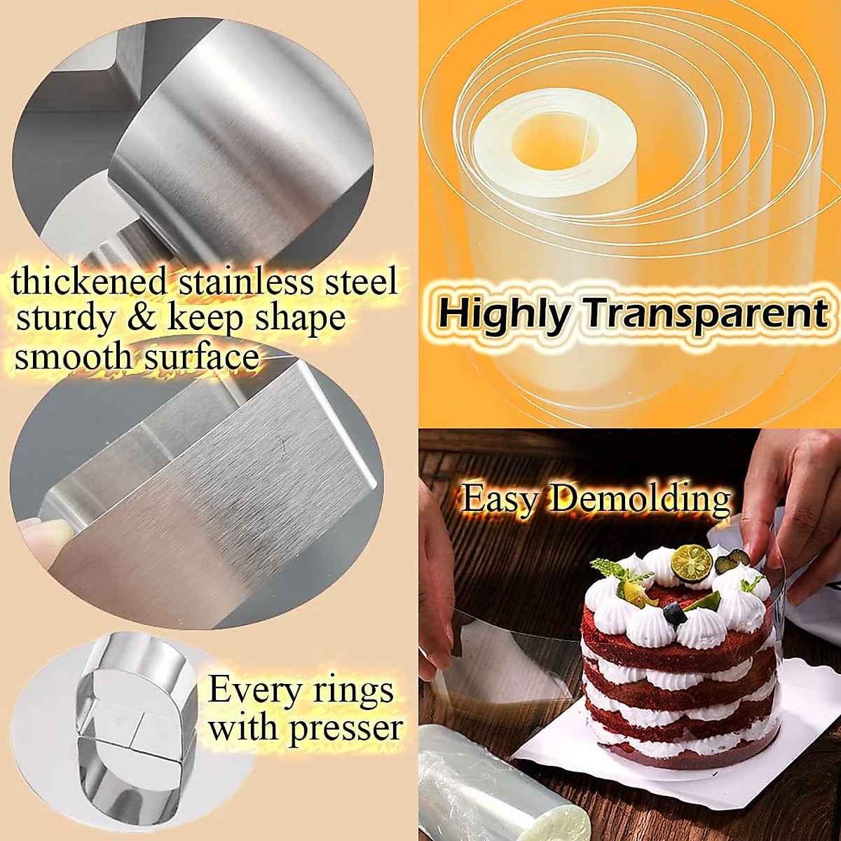 9Pack 3.15‘’ Food Rings Molds with 3 Inch Cake Collars Stainless Steel Cake Rings Round & Square Cooking Rings Mould with Pressers, Transparent Acetate Sheet Cake Rolls for Baking Pastry, Mousse Cakes