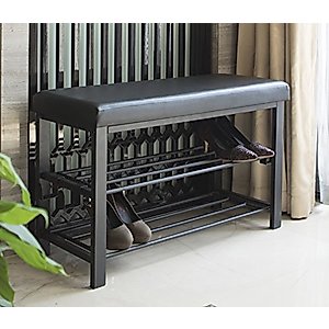 Finnhomy Entryway Shoe Rack with Cushioned Seat, 2 Shelves Storage Bench w/Faux Leather Top Bed Bench, Black