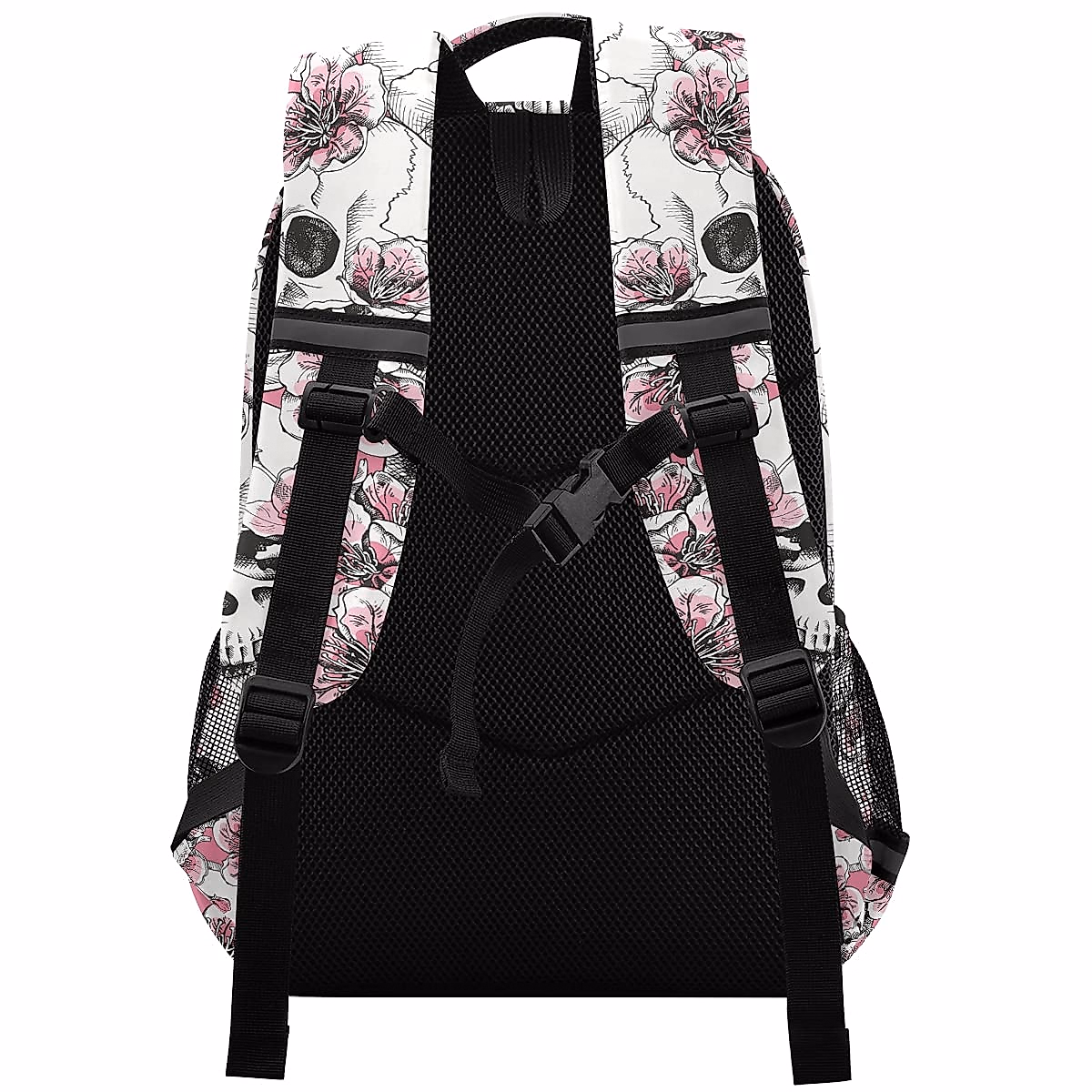 MNSRUU School Backpack with Chest Strap, Halloween Skull Flowers And Pink Cherries Laptop Backpack, Travel Hiking Backpack for Boys Girls, Rucksack, Knapsack